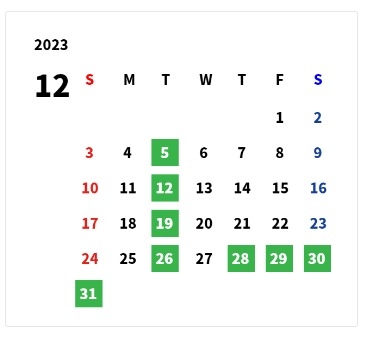 12月定休日のお知らせ